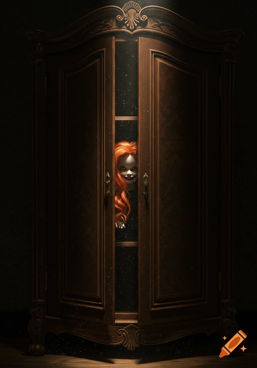 A creepy doll with long, fiery red hair and a sinister smile peers out ...