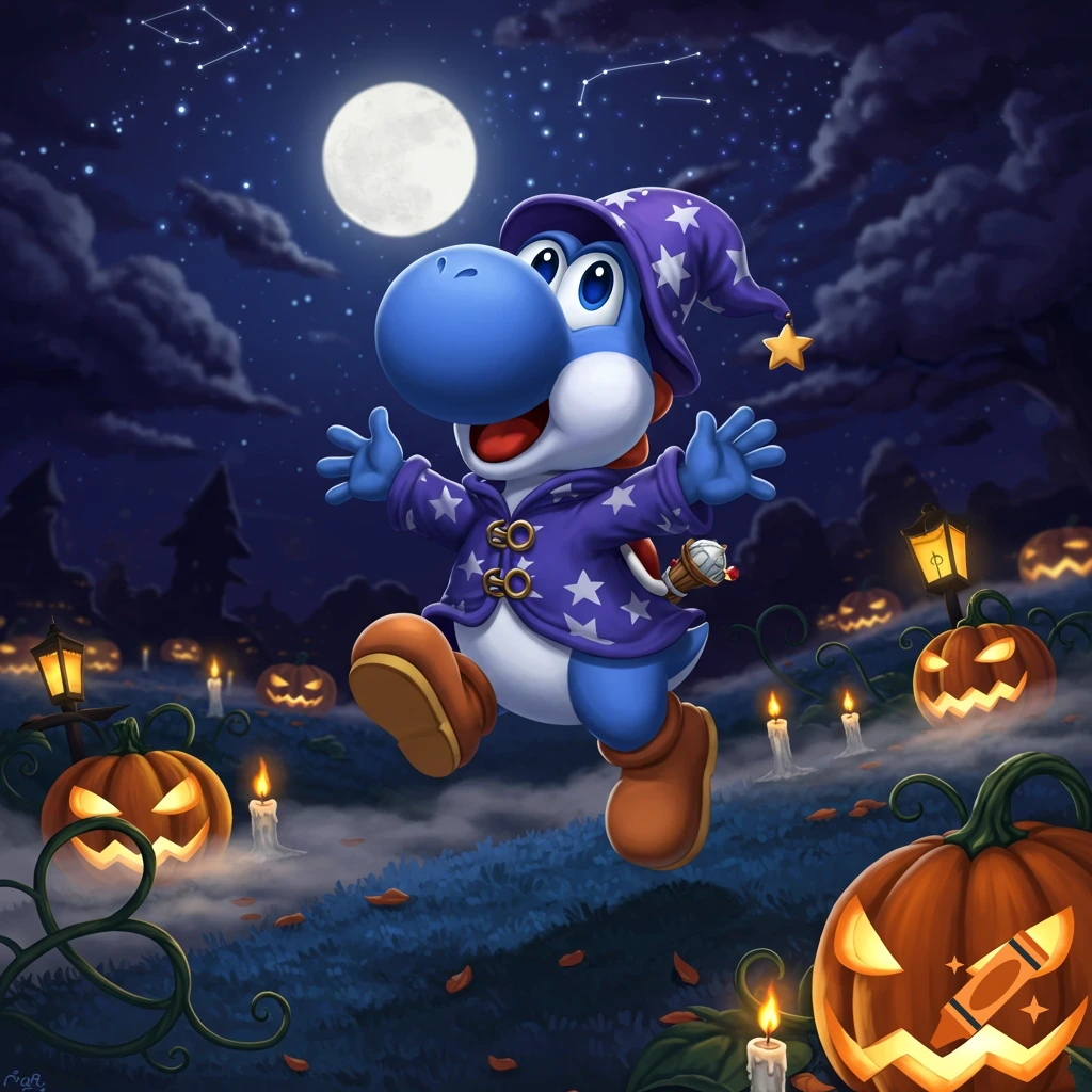 A blue Yoshi dressed as a wizard leaps in a spooky Halloween night ...