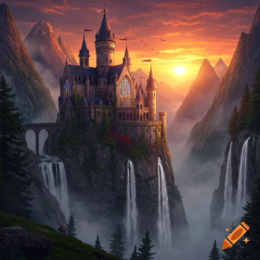 A grand castle on a mountain peak, overlooking a foggy valley with a village and bridge at ...