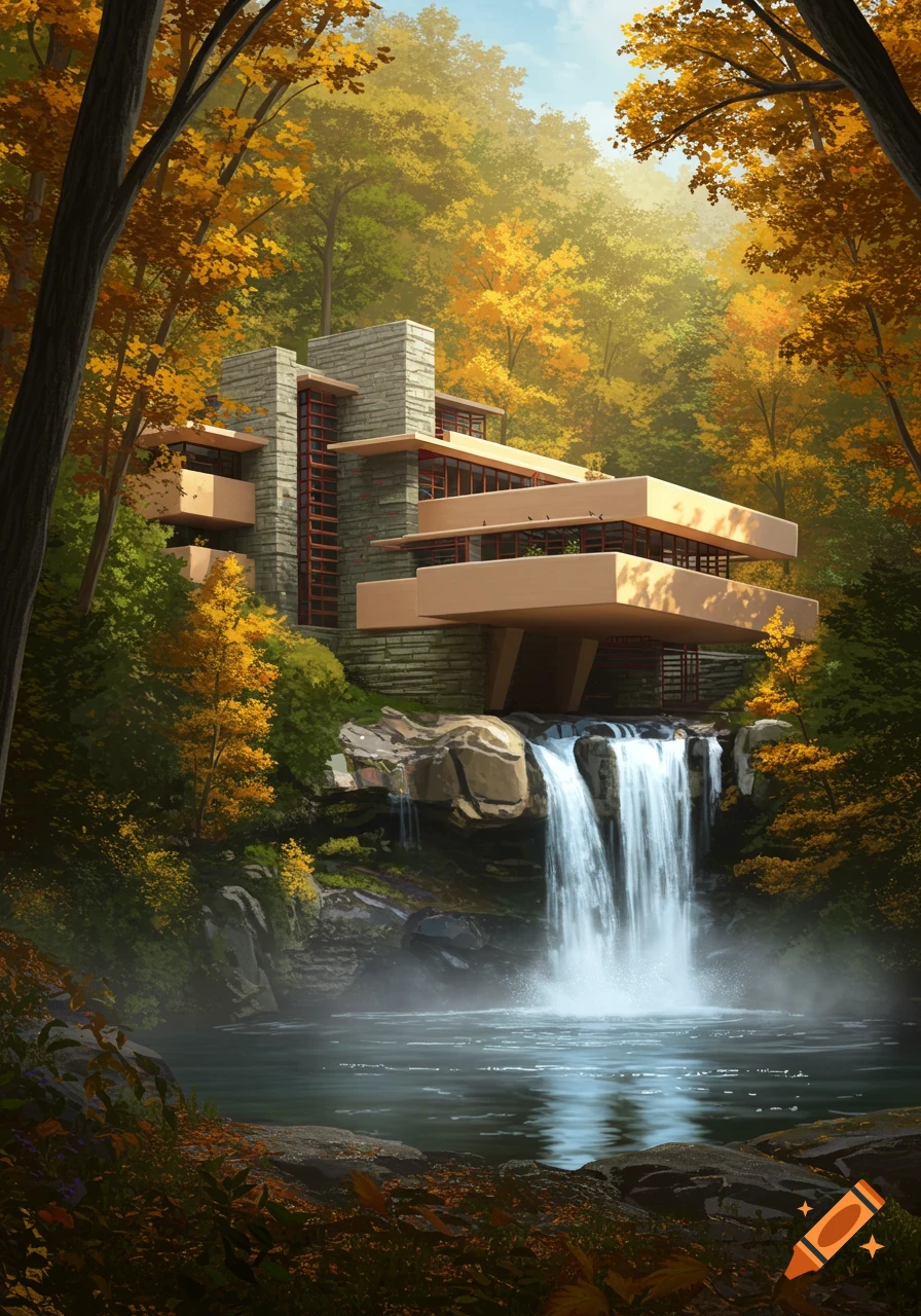 Stylized illustration of Frank Lloyd Wright's Fallingwater house ...