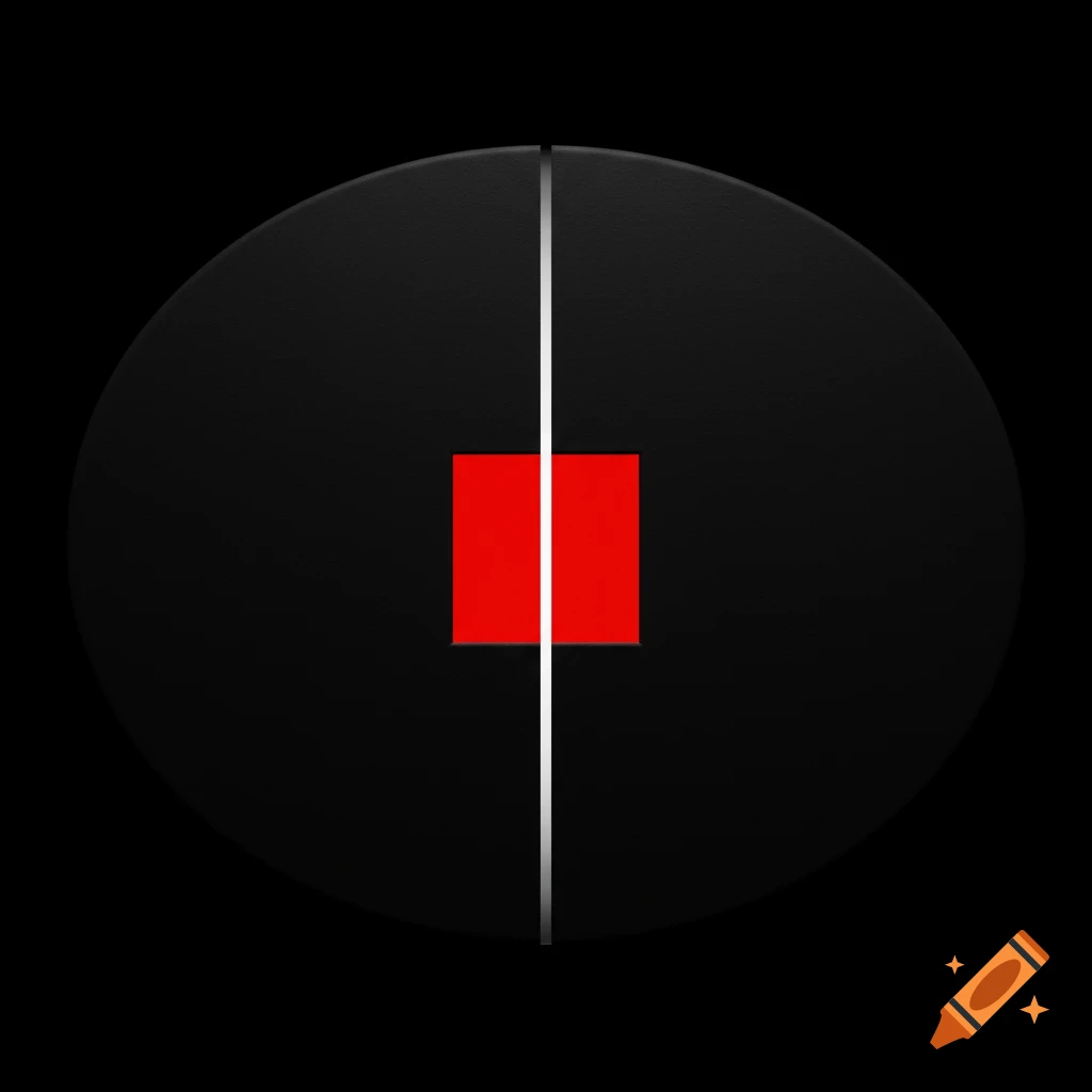 A matte black oval with a central red square intersected by a glowing ...