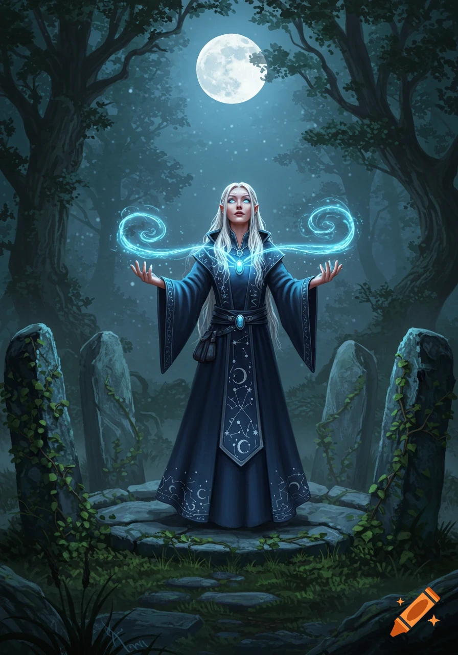 A male figure in flowing robes stands on a crystal cliff under a ...