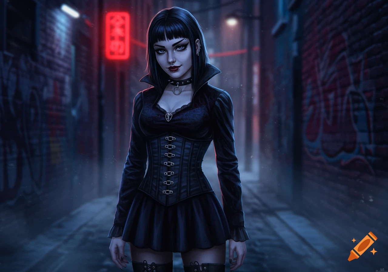A goth girl with long black hair, a corset, and a long skirt walks down ...