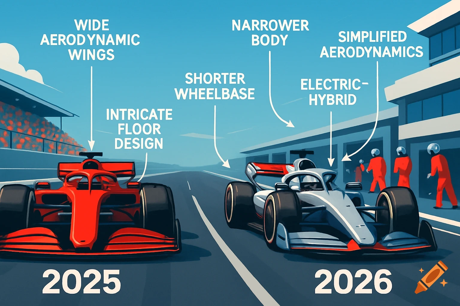 Side-by-side illustration of a red 2025 F1 car and a silver 2026 F1 car ...