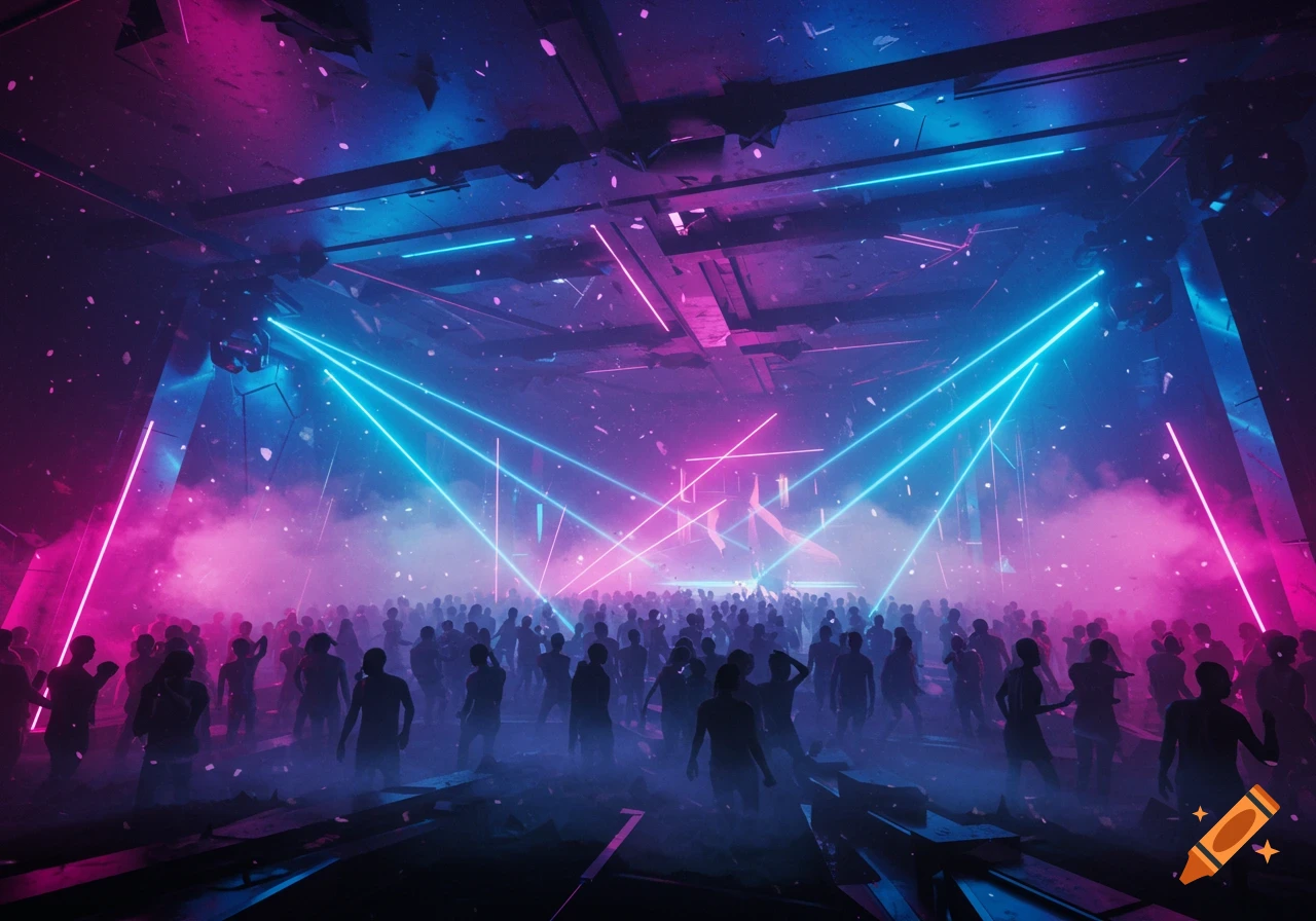 A clown-suited DJ with an afro wig and makeup performs at a lively club ...