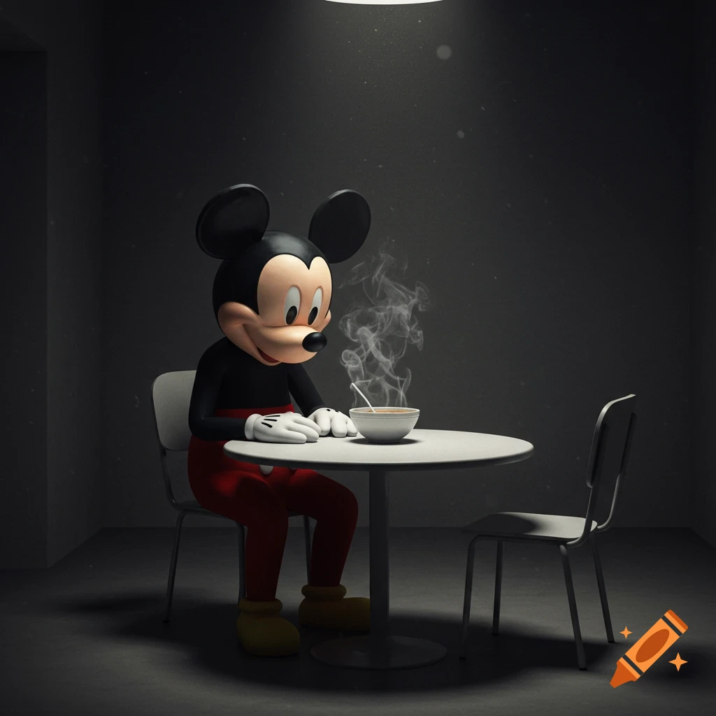 Mickey Mouse sits at a grey table in a dark room, looking at a steaming ...