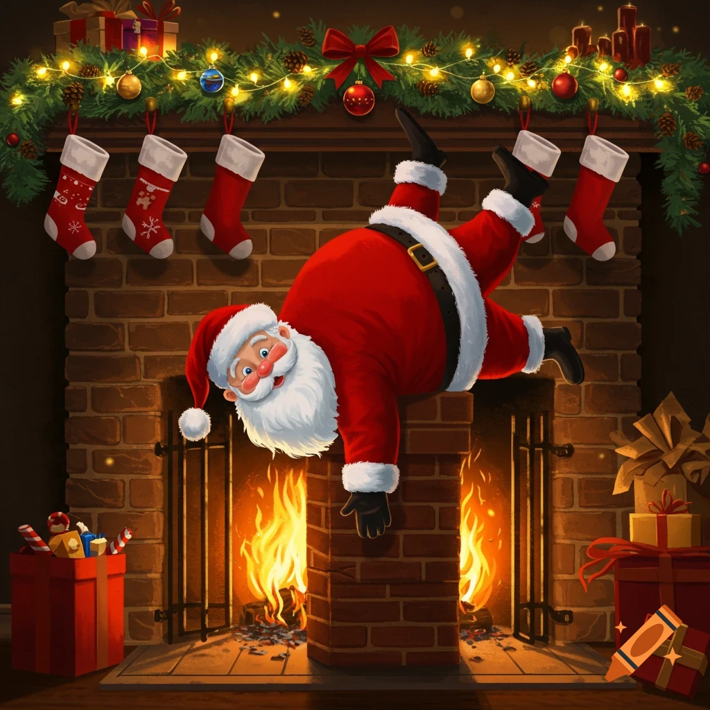 Cartoon Santa Claus stuck upside down in a brick fireplace, surrounded ...