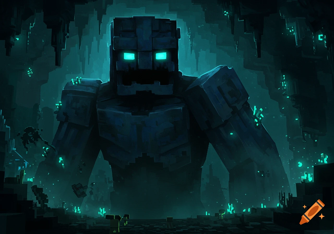 A blocky, dark blue Minecraft Warden with glowing teal eyes stands in a ...