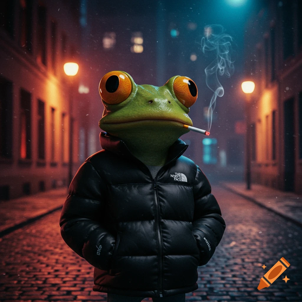 A surreal anthropomorphic frog in a black North Face puffer jacket ...