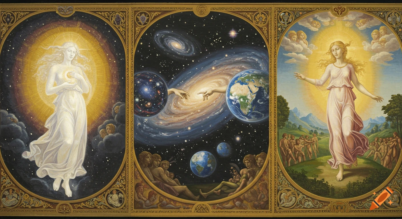 Renaissance mural triptych depicting a glowing female deity creating ...