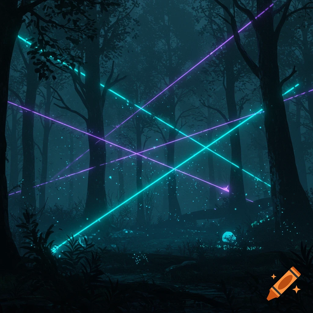 Dark, misty forest illuminated by crisscrossing neon blue and purple ...