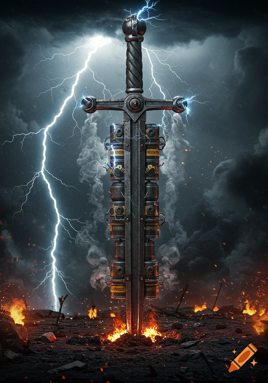 A dramatic shot of a sword made of claymore mines struck by lightning ...