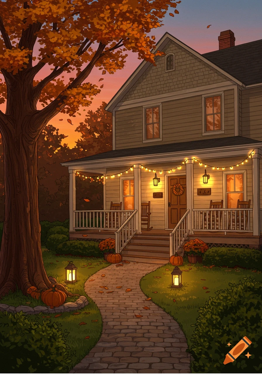 An illustrated cozy house exterior decorated for autumn with pumpkins ...