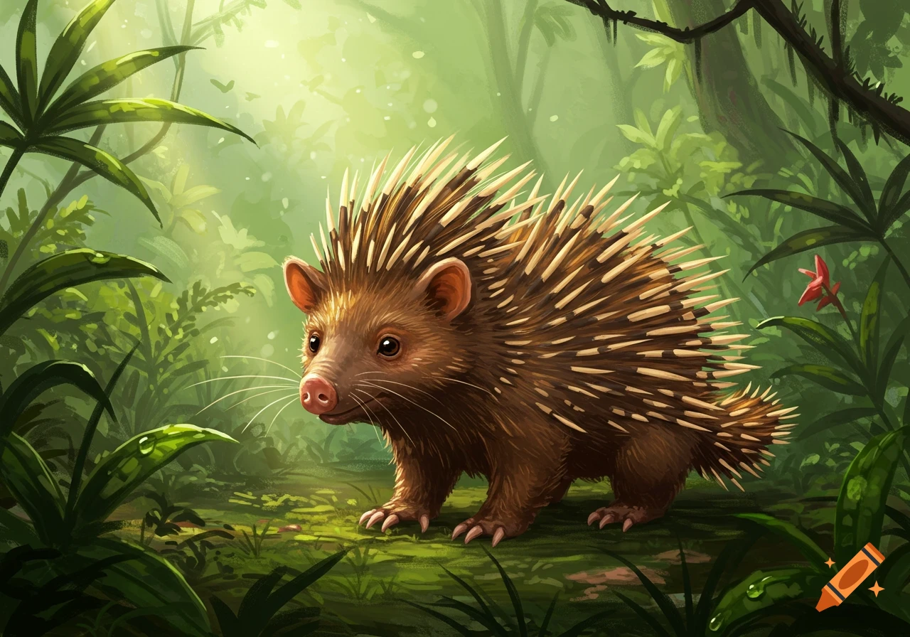 A spiky tenrec or porcupine with a pink nose walks through a vibrant ...