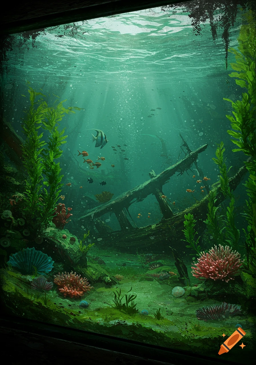 A vibrant teal-themed underwater scene showing a coral reef, schools of fish, and sunbeams ...