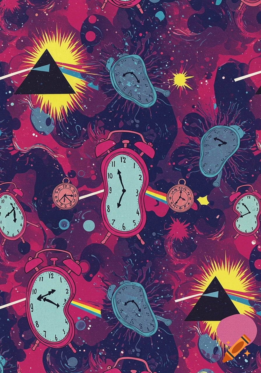 A vibrant, psychedelic all-over pattern featuring melting alarm clocks ...