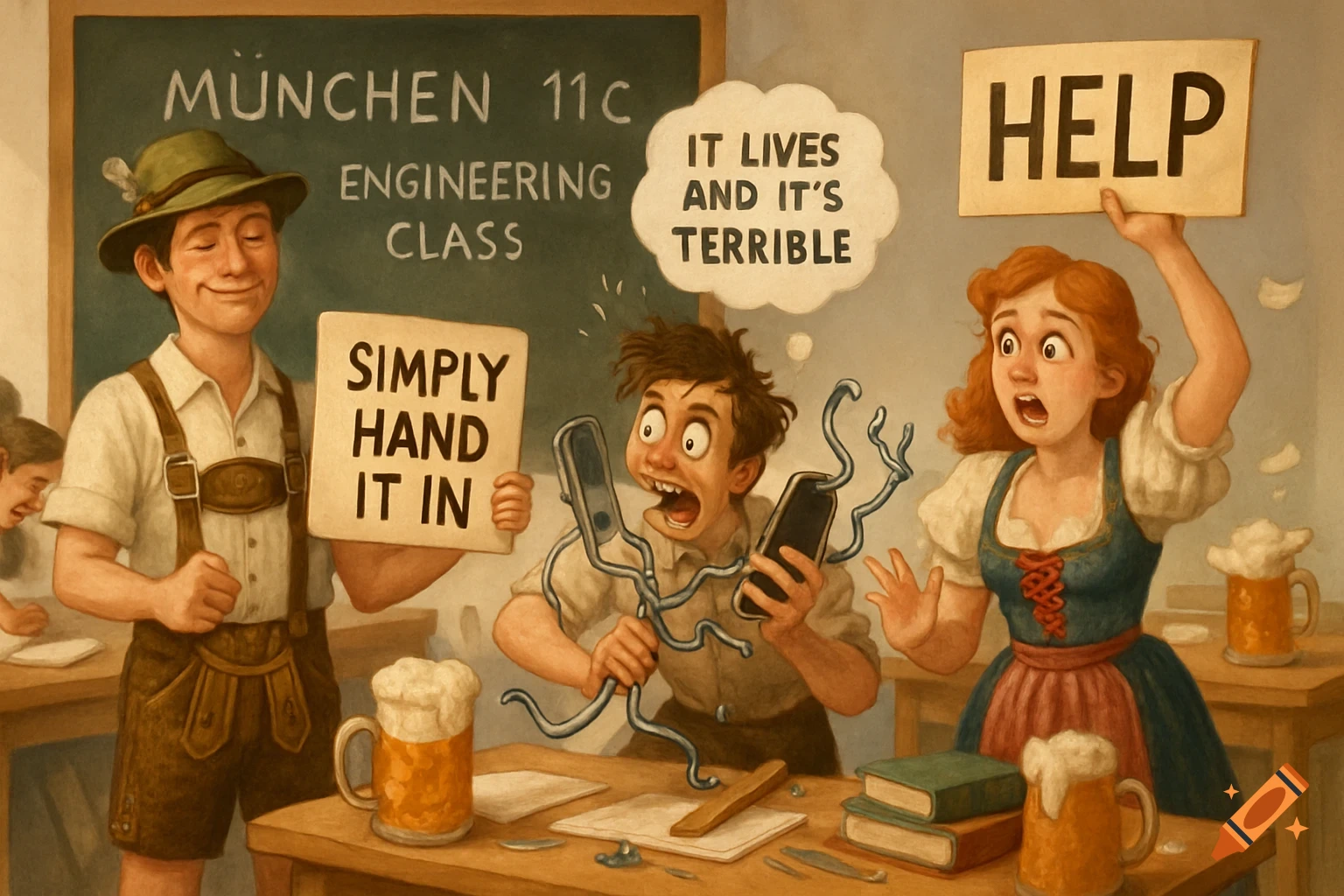 An illustration of a bustling repair cafe with a sign reading 'Caritas ...