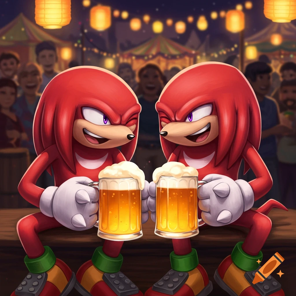 Two identical Knuckles characters laugh while holding mugs of beer at a ...