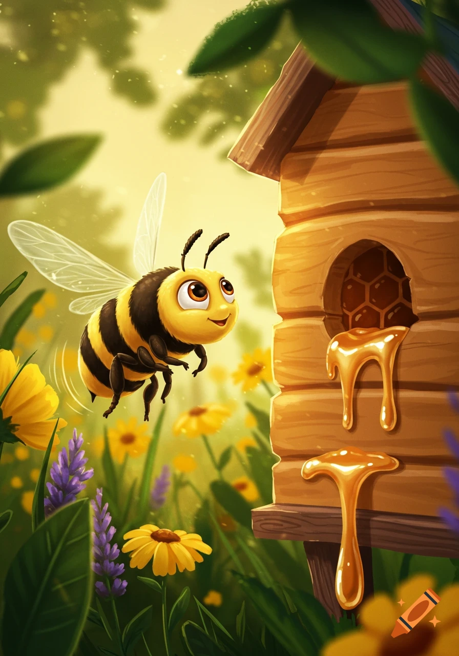 Photorealistic illustration of a bee drinking maple syrup, with maple ...