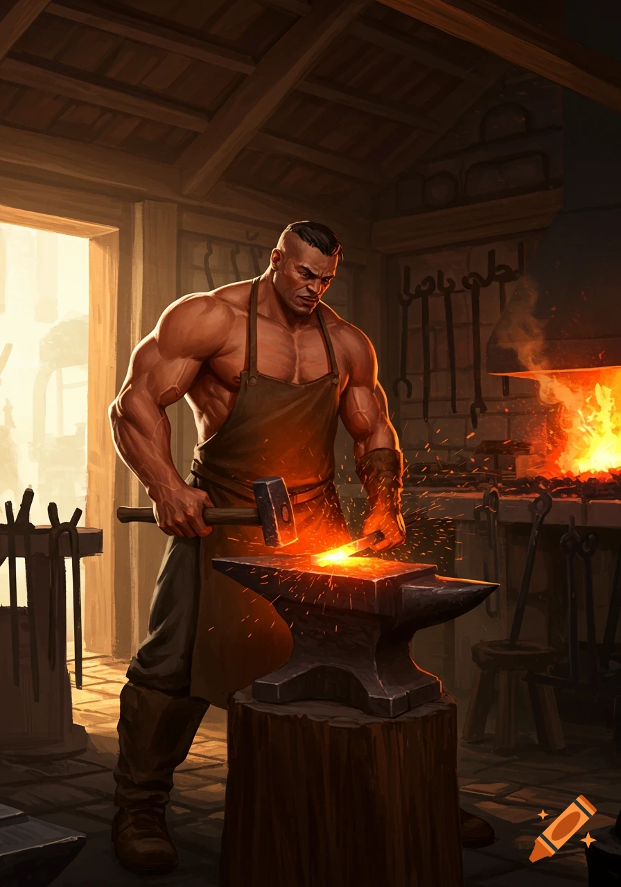 Muscular medieval blacksmith hammering a hot sword on an anvil in a dimly lit forge with a fiery ...