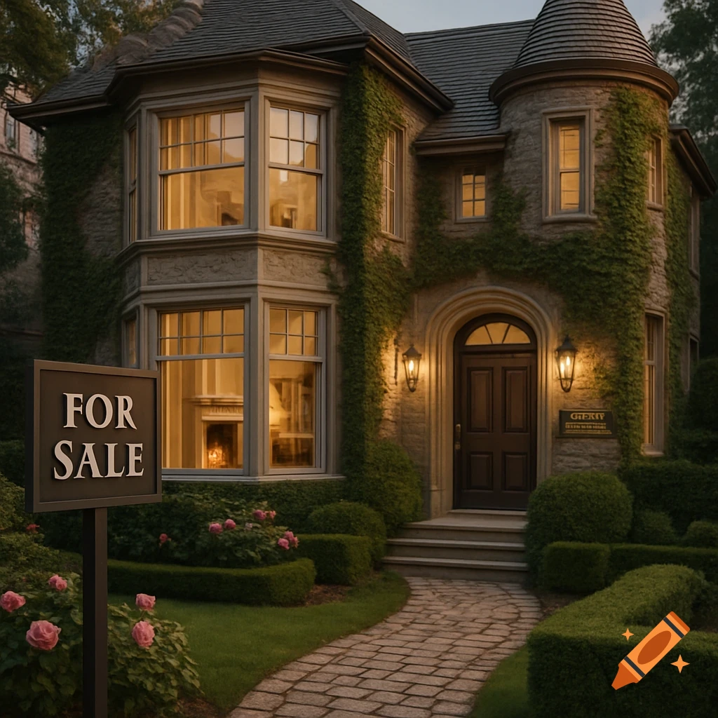 Photorealistic image of an elegant stone house covered in ivy, with a ...