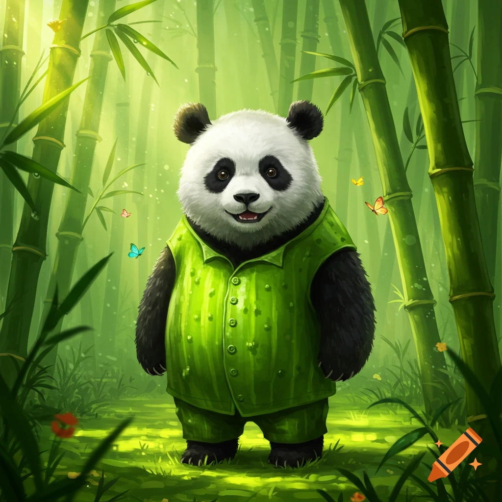 A happy cartoon panda in a bright green suit stands in a lush bamboo ...
