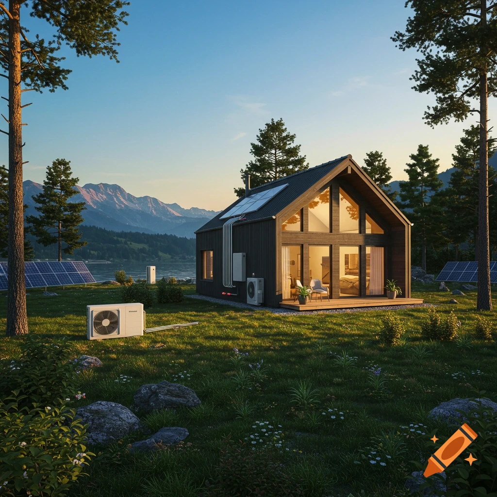Photorealistic rendering of a modern A-frame house with solar panels ...