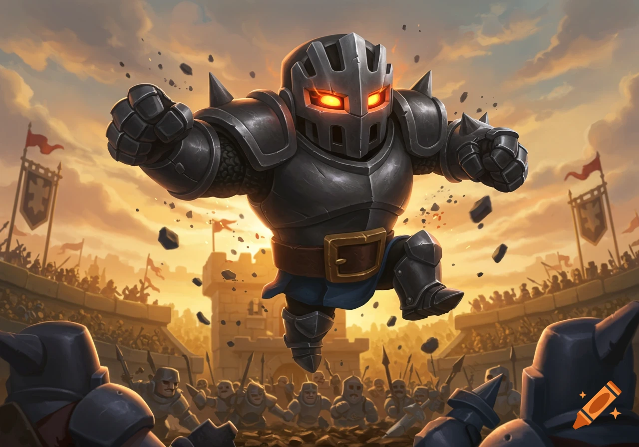 A pink armored Mega Knight from Clash Royale with a sword and shield ...