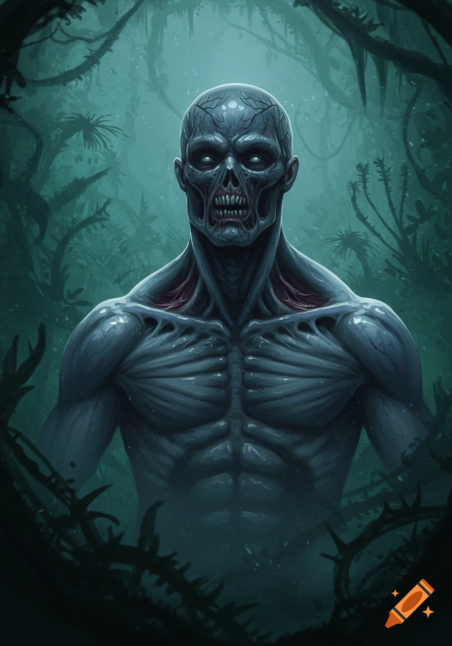 A grotesque, skeletal alien creature with glowing eyes and exposed ...