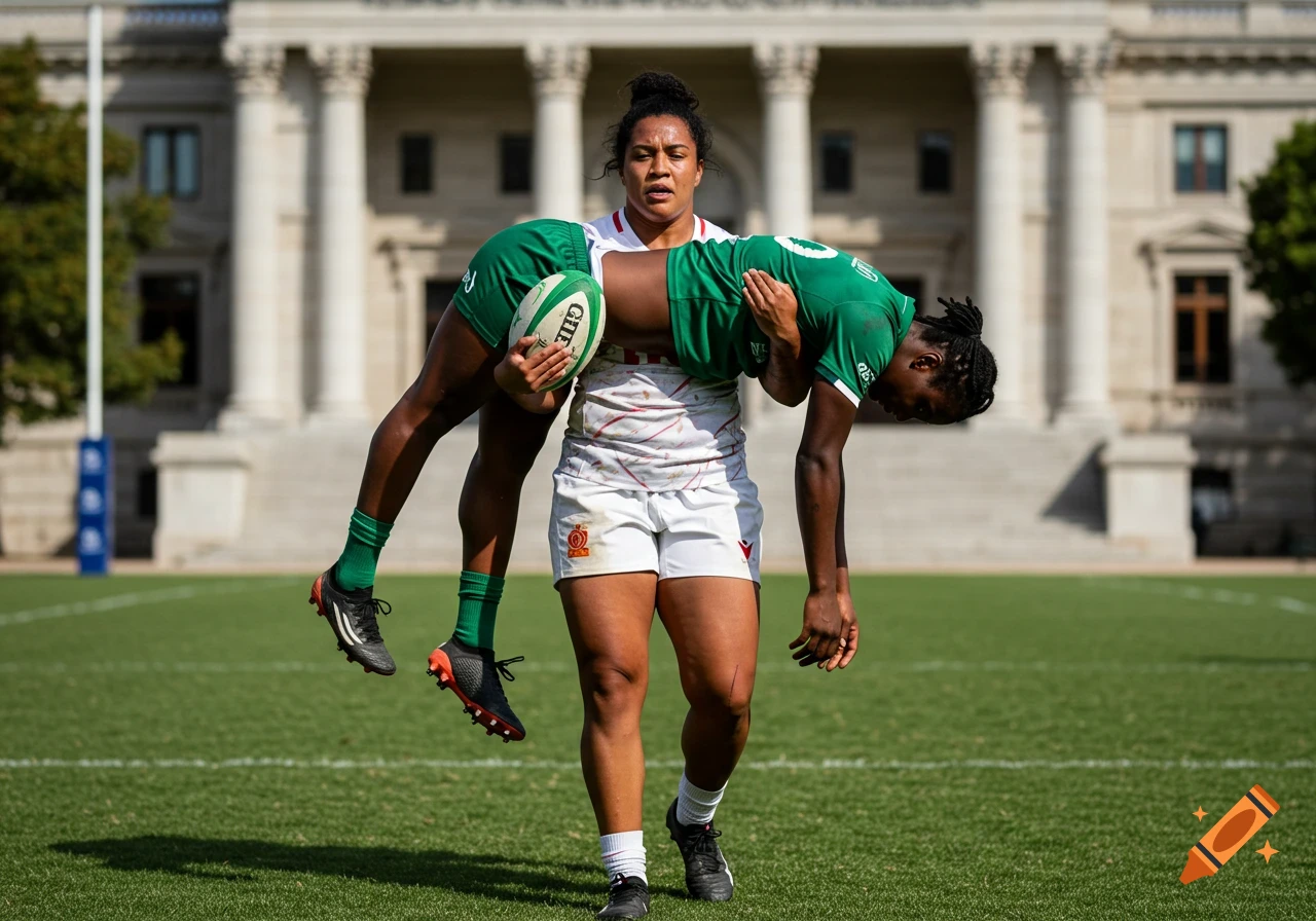 A female rugby player in a white uniform carries a fainted teammate in ...