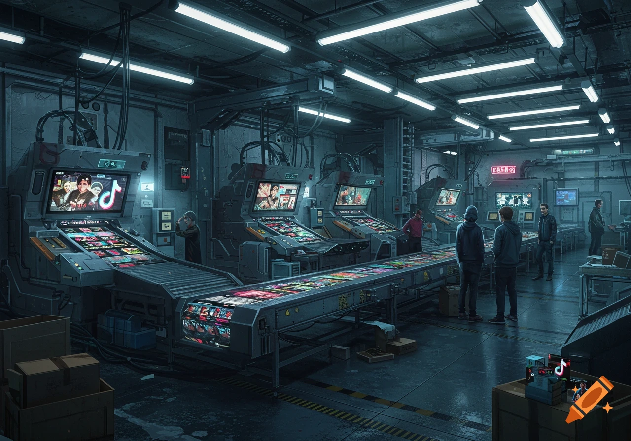 A dark, futuristic factory with an assembly line producing screens ...