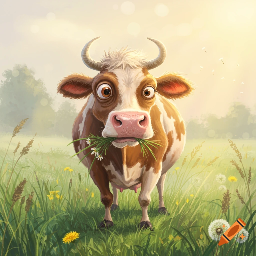 Cartoon cow with flower crown and lei dancing in a misty field with ...