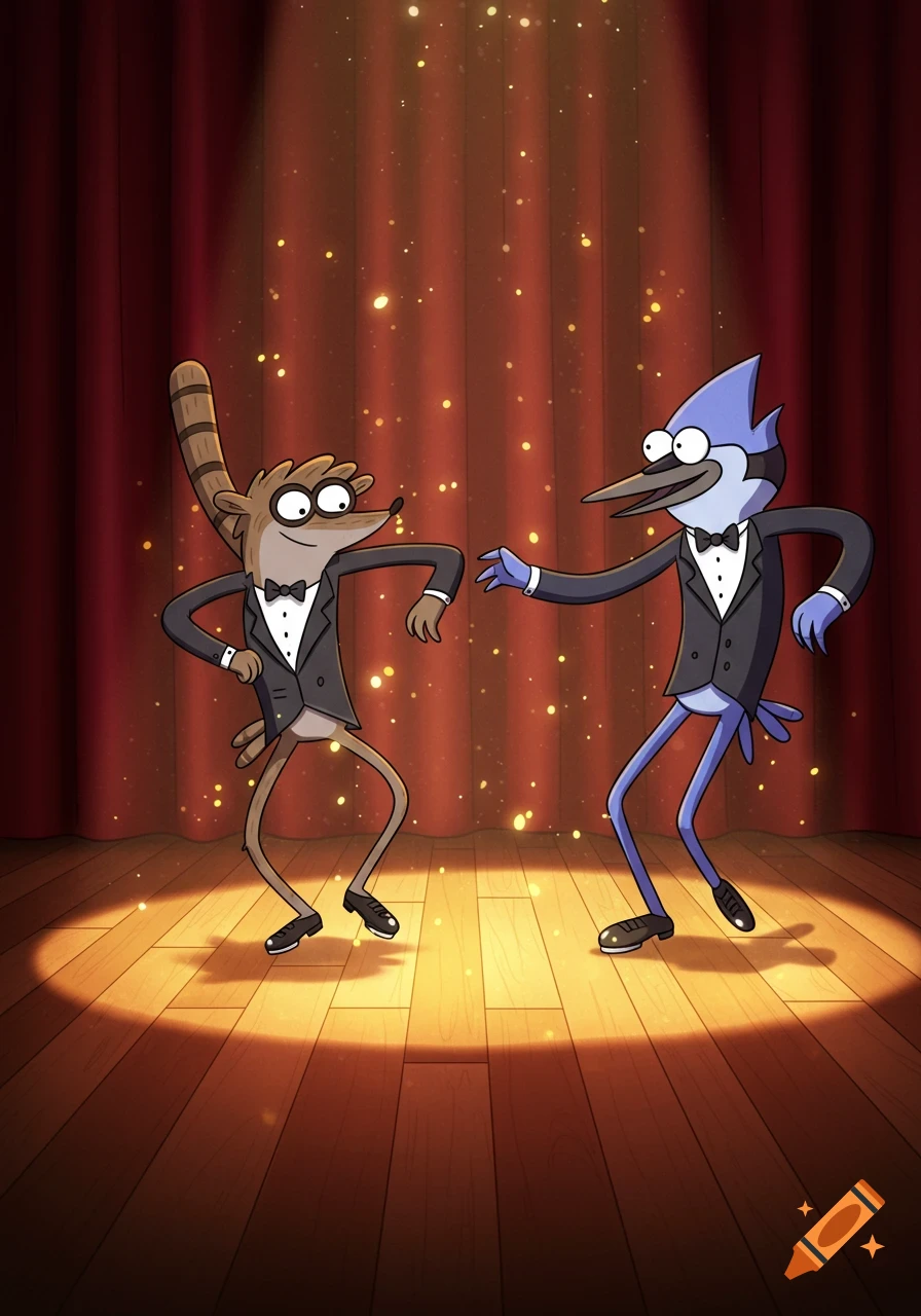 Rigby and Mordecai from Regular Show in tuxedos tap dancing on a ...