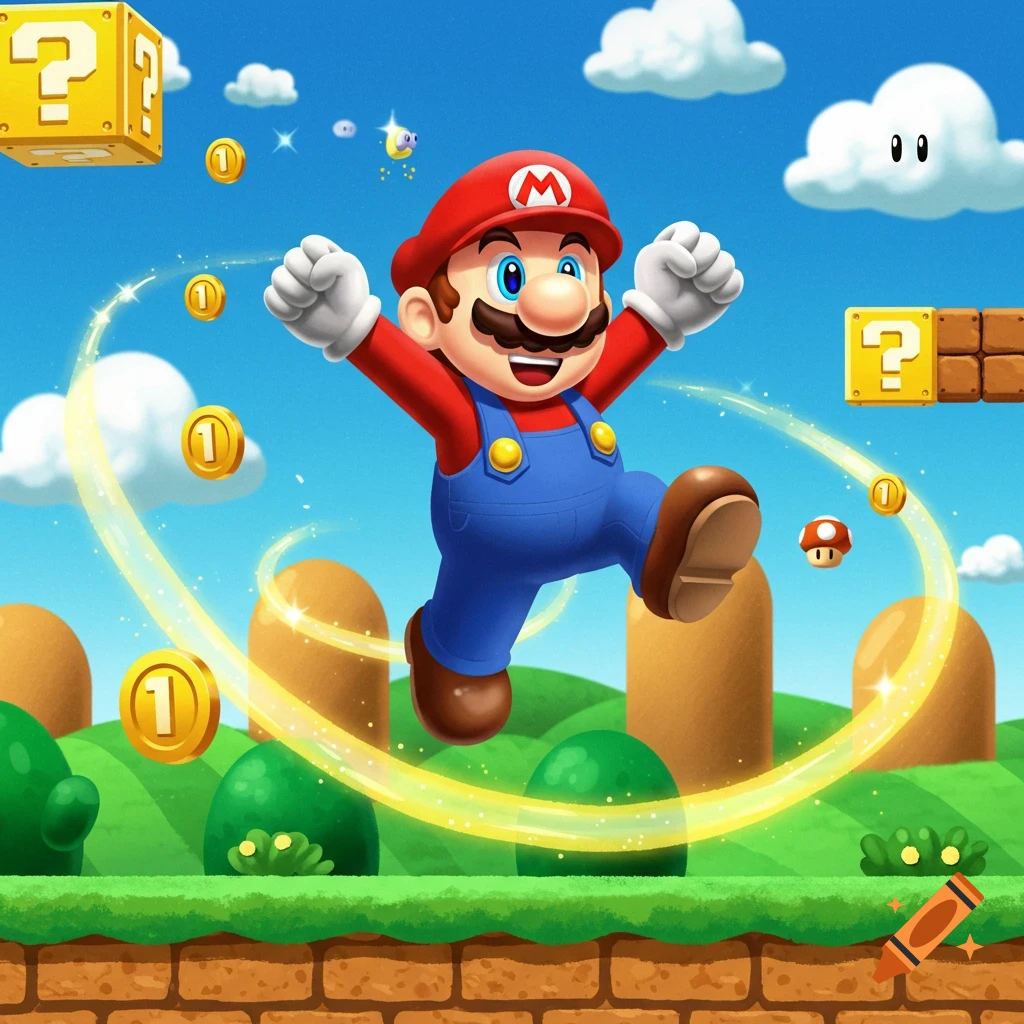 Super Mario jumps amidst coins, question blocks, and enemies in a ...