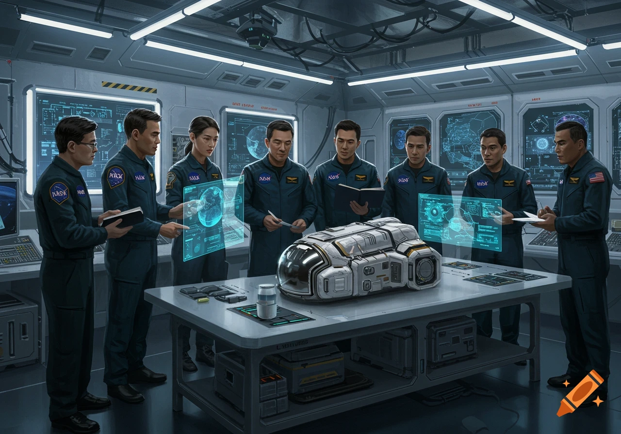 A group of women in grey futuristic uniforms laugh and react with awe ...