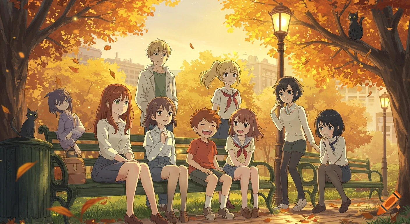 A vibrant anime illustration featuring a large cast of characters ...