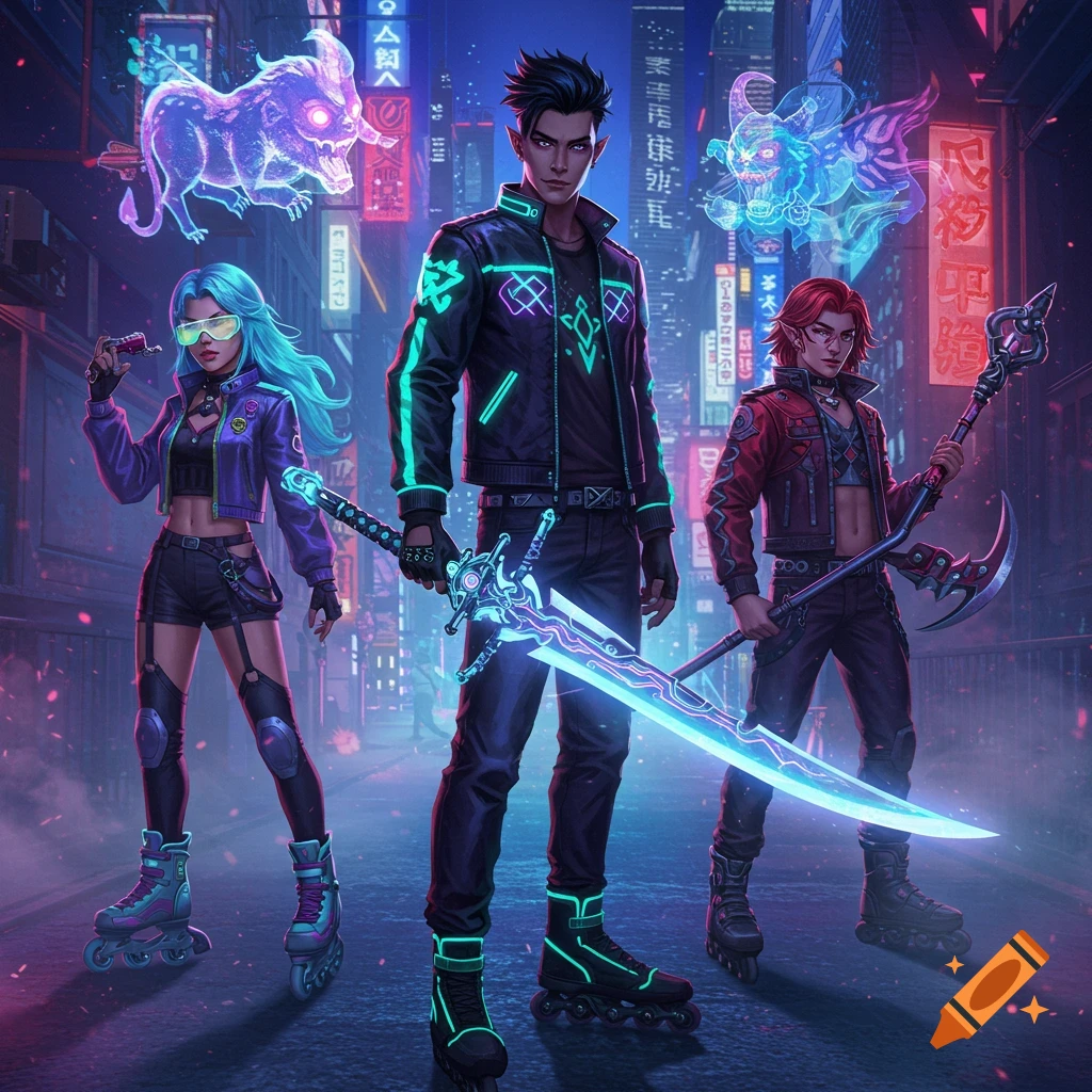 Four anime-style demon hunters with glowing weapons stand in a neon-lit ...