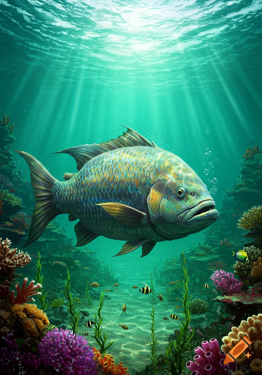 An illustration of a large fish with sharp teeth eating a white rabbit ...