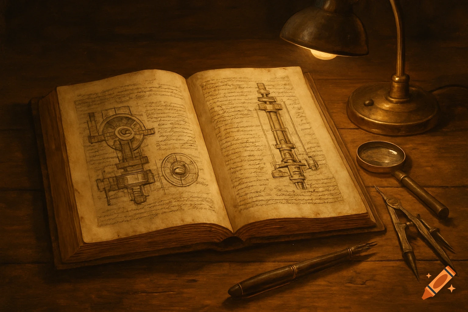 An open old technical report book with mechanical diagrams and ...