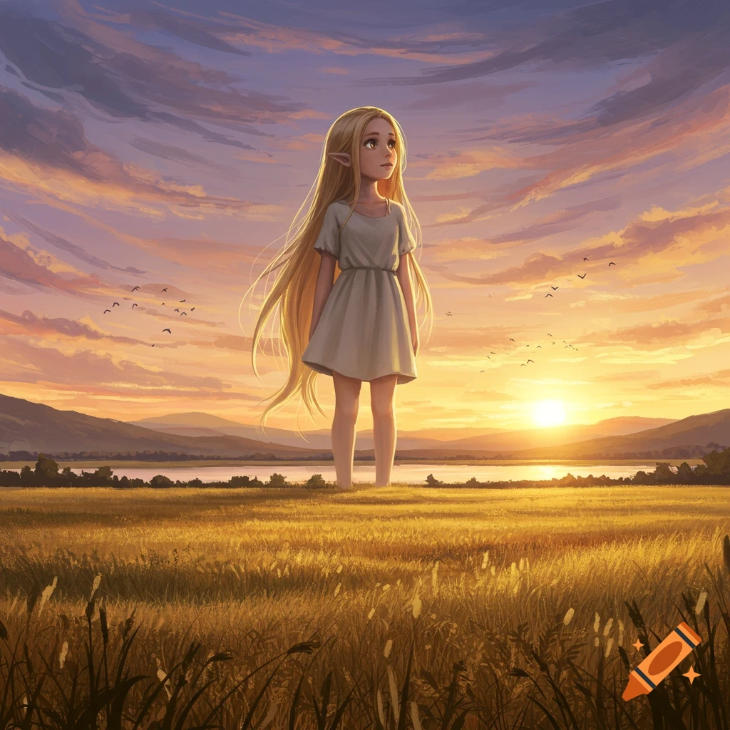 A blonde elf girl in a dress stands in a golden field looking up at a ...