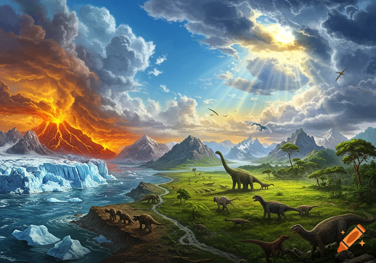 Several dinosaurs and pterosaurs in a lush prehistoric landscape with a ...