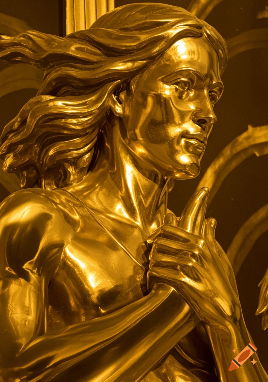 Close-up of a gleaming golden statue depicting a classical figure with ...