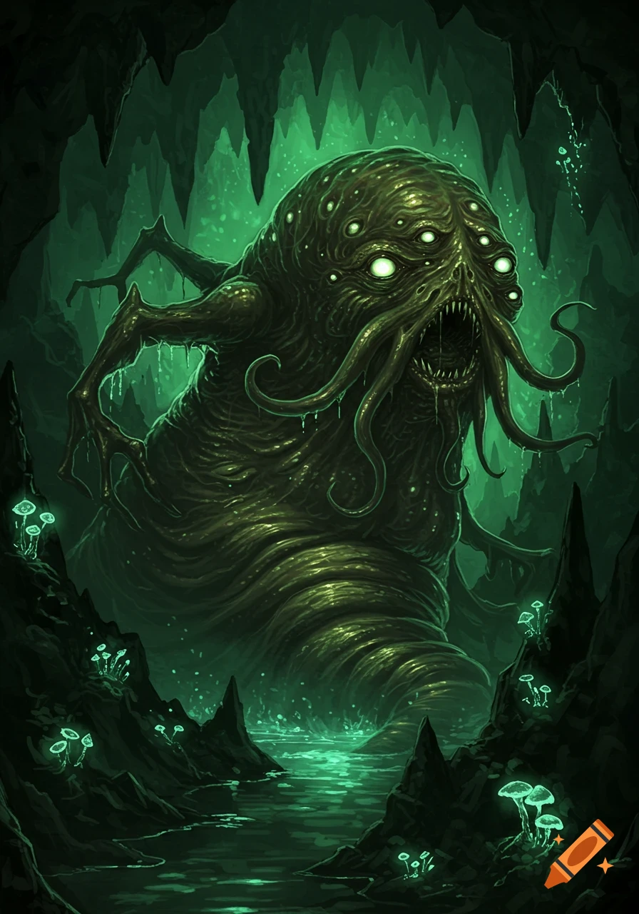 A giant dark vine monster with glowing eyes towers over a destroyed ...