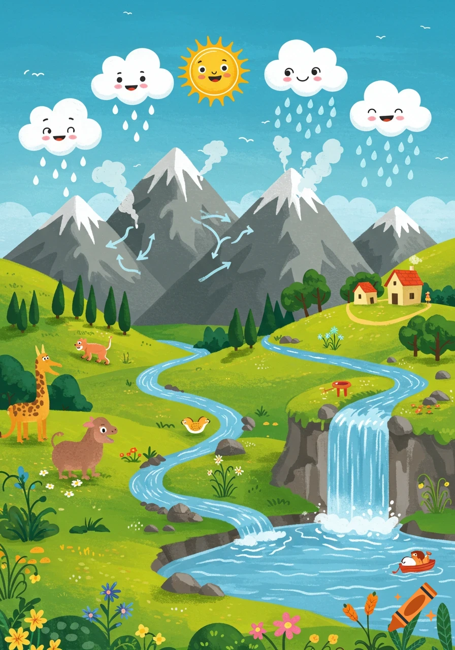 Colorful cartoon illustration of the water cycle showing mountains, a ...