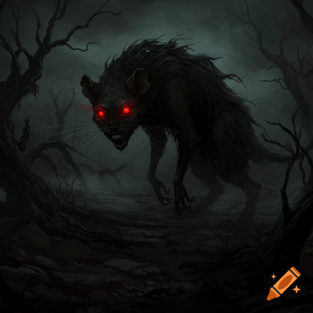 A fearsome black, furry monster resembling a sabertooth wombat with red ...