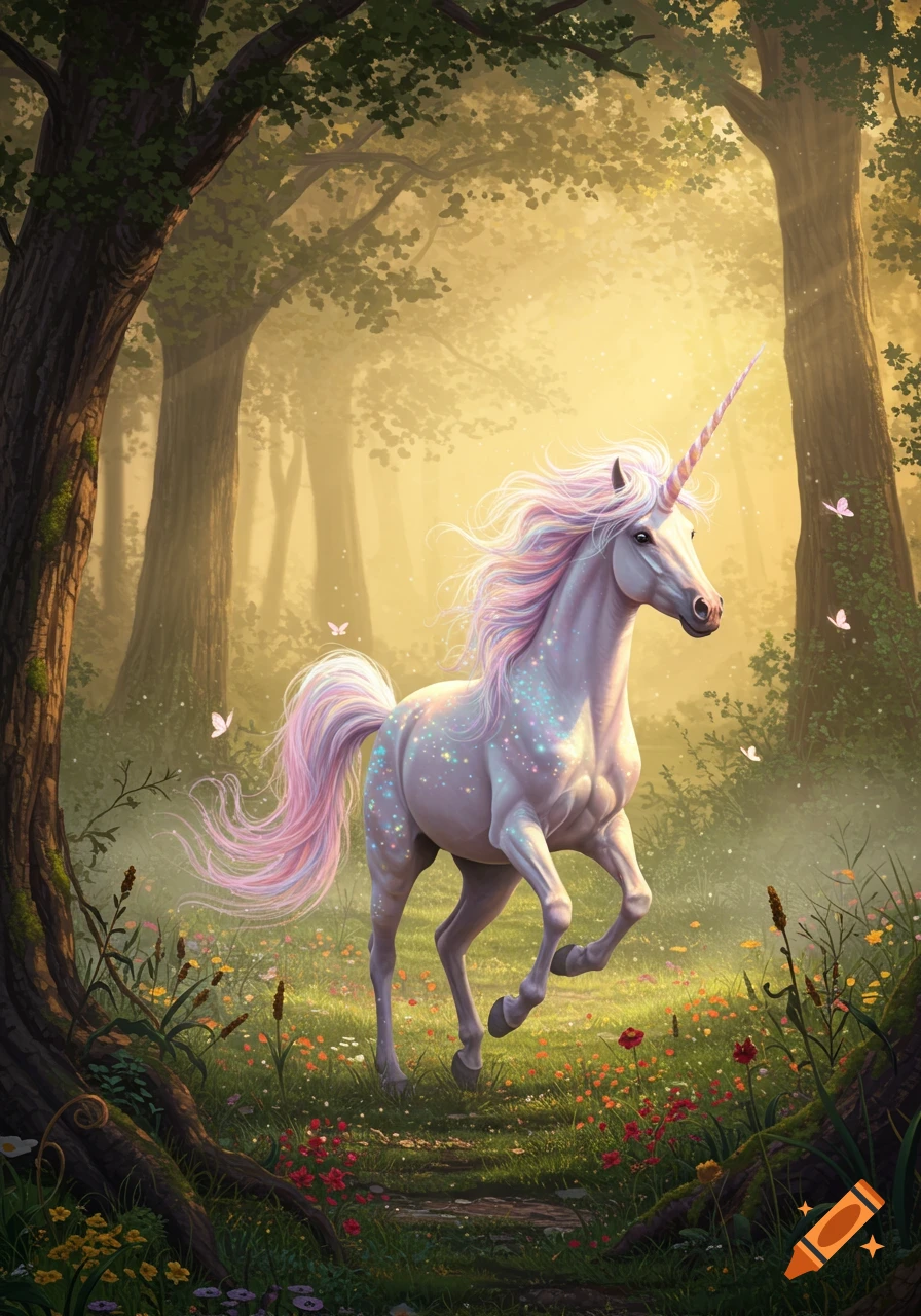 A white unicorn with a rainbow horn stands in a sunny, magical forest ...