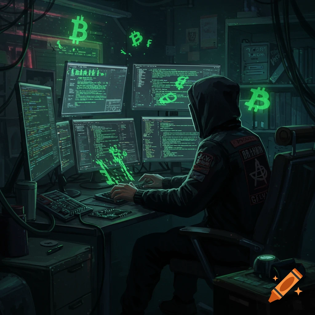 A hooded figure coding at a multi-monitor computer desk in a dark room ...