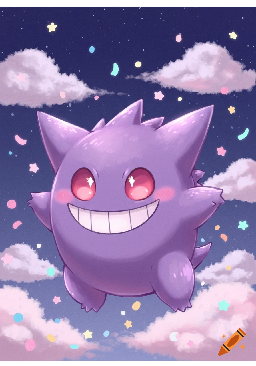 A cute purple Gengar with a wide smile floats in a starry night sky ...