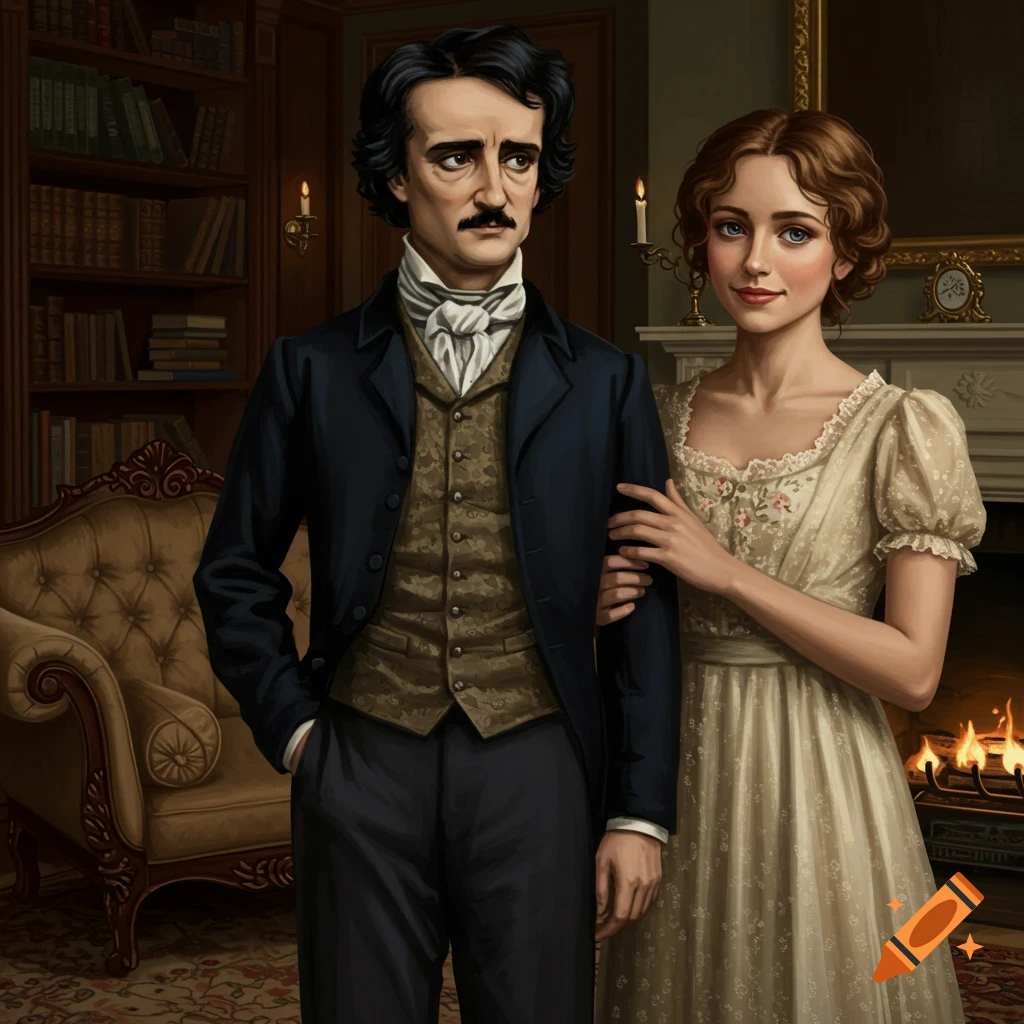 An illustration of Edgar Allan Poe and Virginia Eliza Clemm Poe in 19th ...