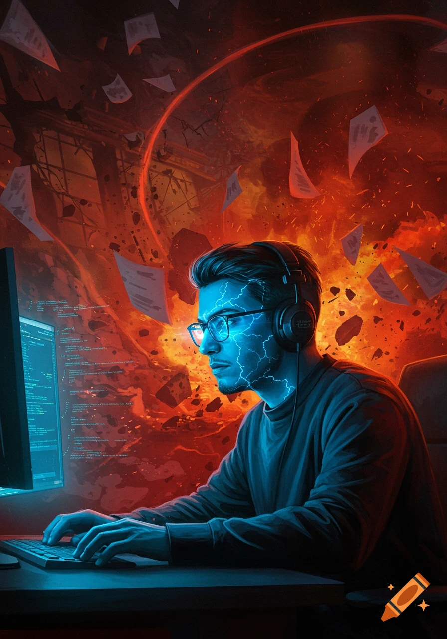 A man with lightning-infused face and headphones intensely codes at a computer amidst a chaotic ...